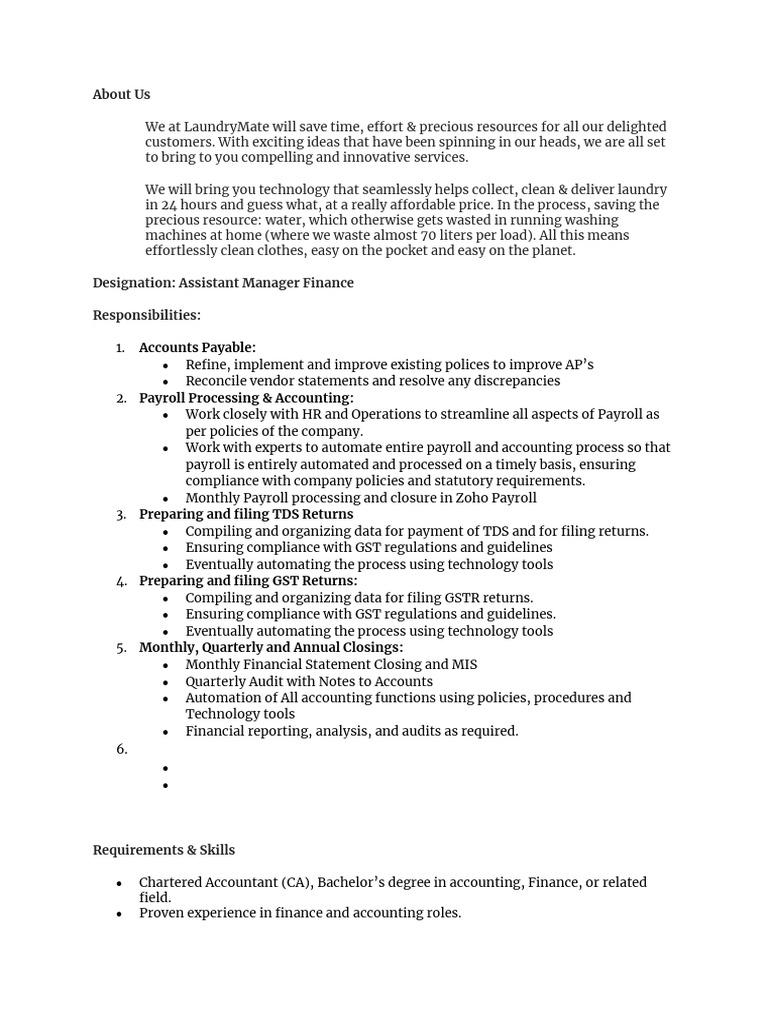 Laundrymate - JD - Asst. Manager - Finance | PDF | Accounting ...