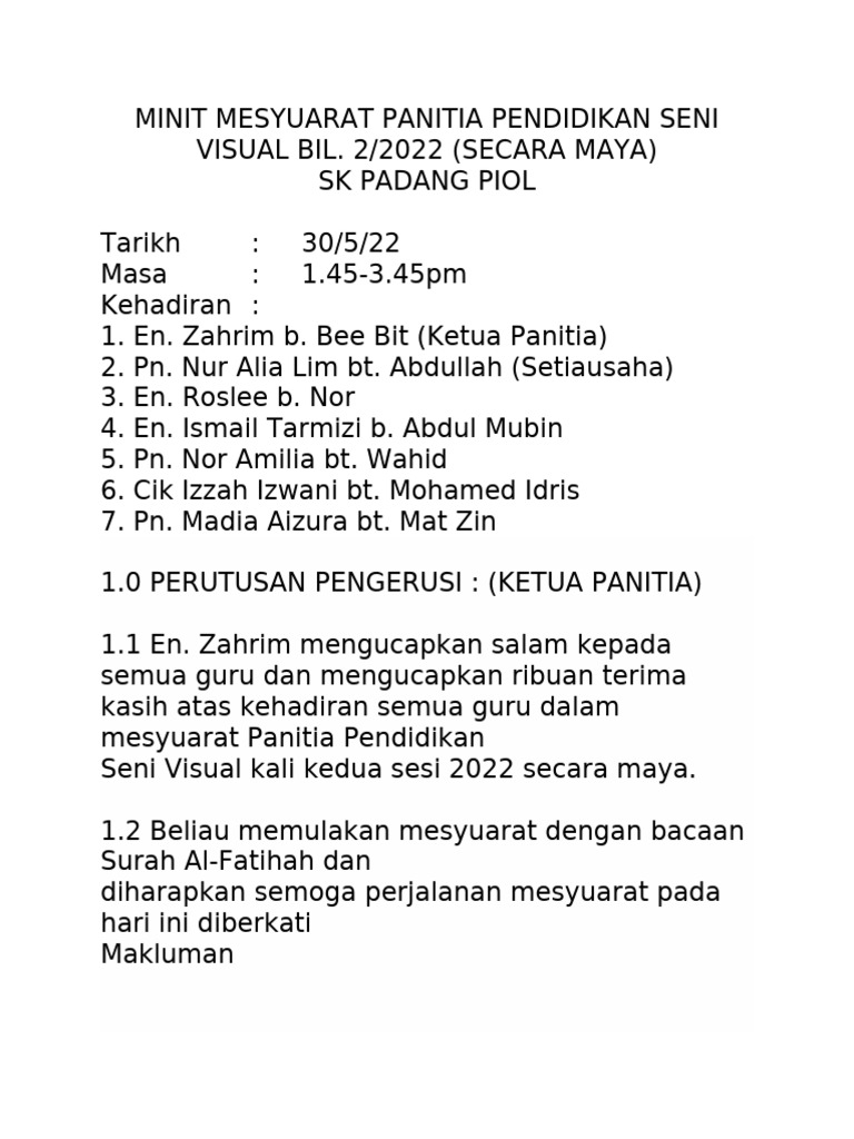 Minit Mesyuarat Panitia PSV Bil 2-2022 | PDF