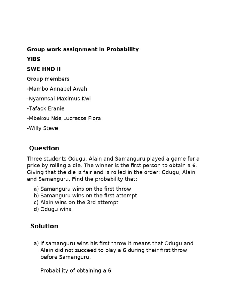 Group Work Assignment in Probability | PDF | Mathematics | Arithmetic