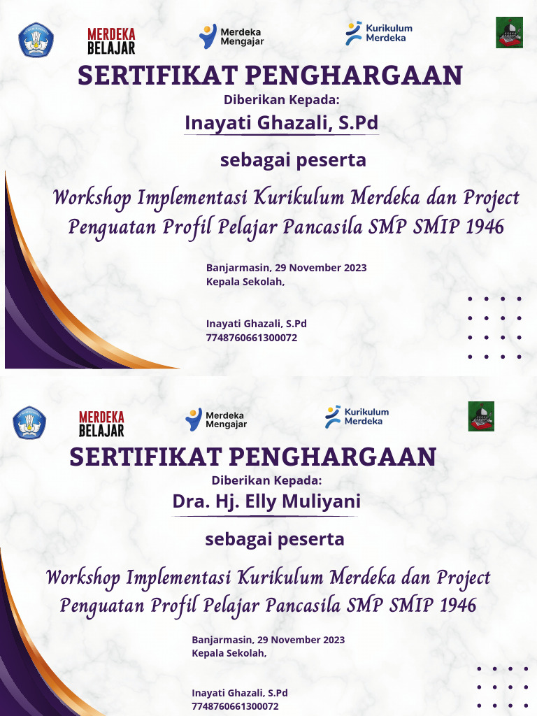 Sertifikat SMIP WORKSHOP KURIKULUM MERDEKA (30 X 21 CM) | PDF