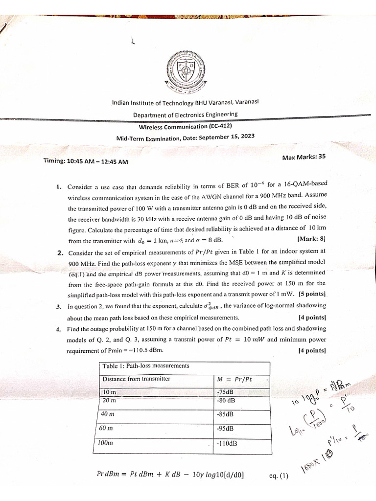Wireless Communication (EC 412) - MidSem (2023 2024) | PDF