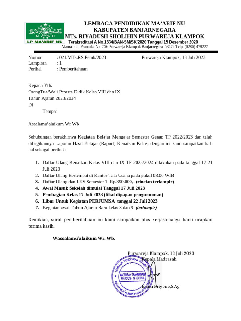 Surat Pemb. KLS Viii - Ix | PDF