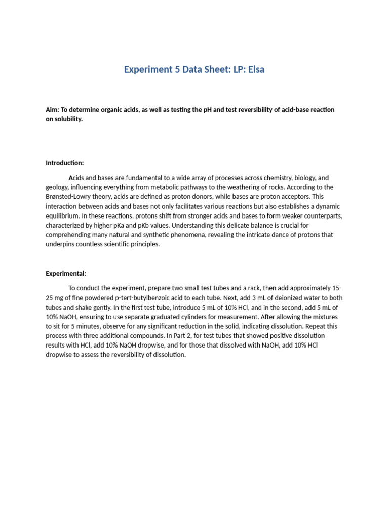 Exp 5 - Acid Base Data Sheet - Done | PDF | Acid | Ph