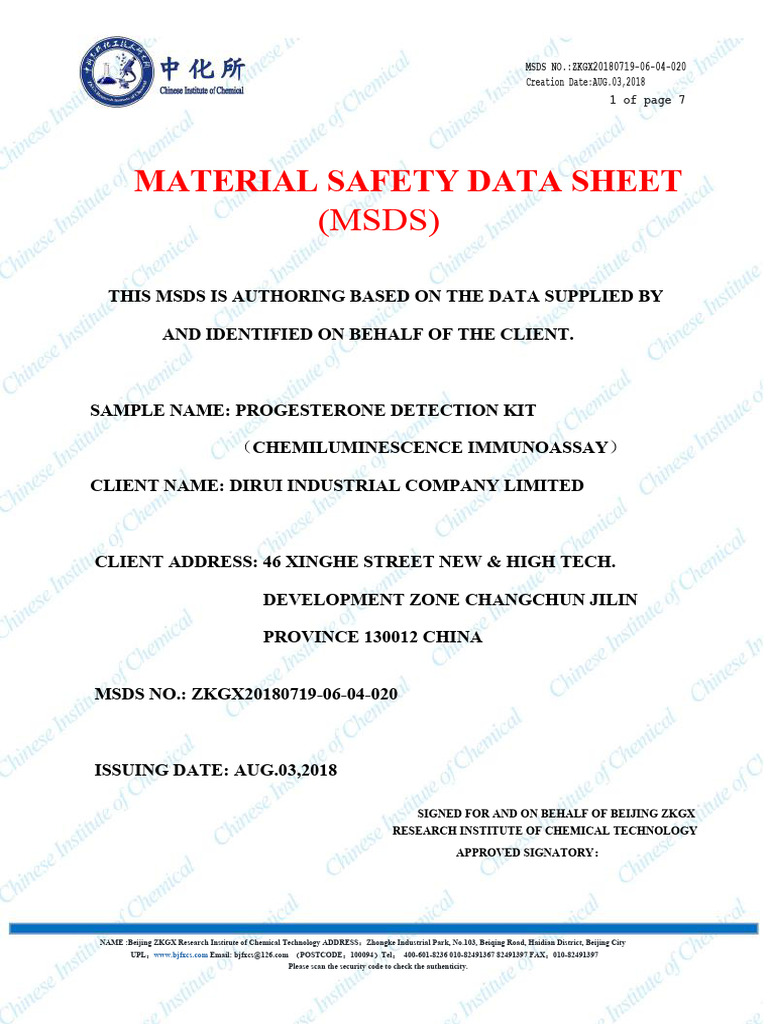MSDS Progesterone Detection Kit | PDF | Dangerous Goods | Waste Management