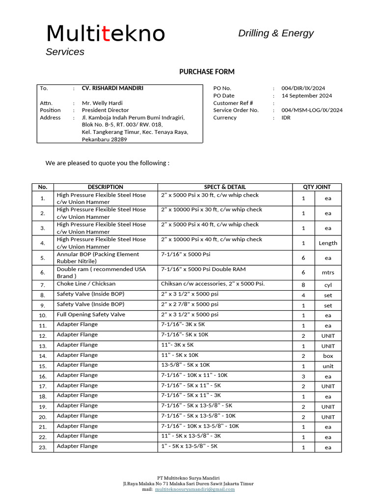 Purchase Form - 004 | PDF | Gas Technologies | Hydraulics