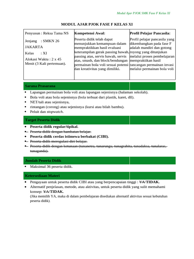 Modul Ajar Pjok Fase F Kelas Xi Bola Voli Reksa | PDF