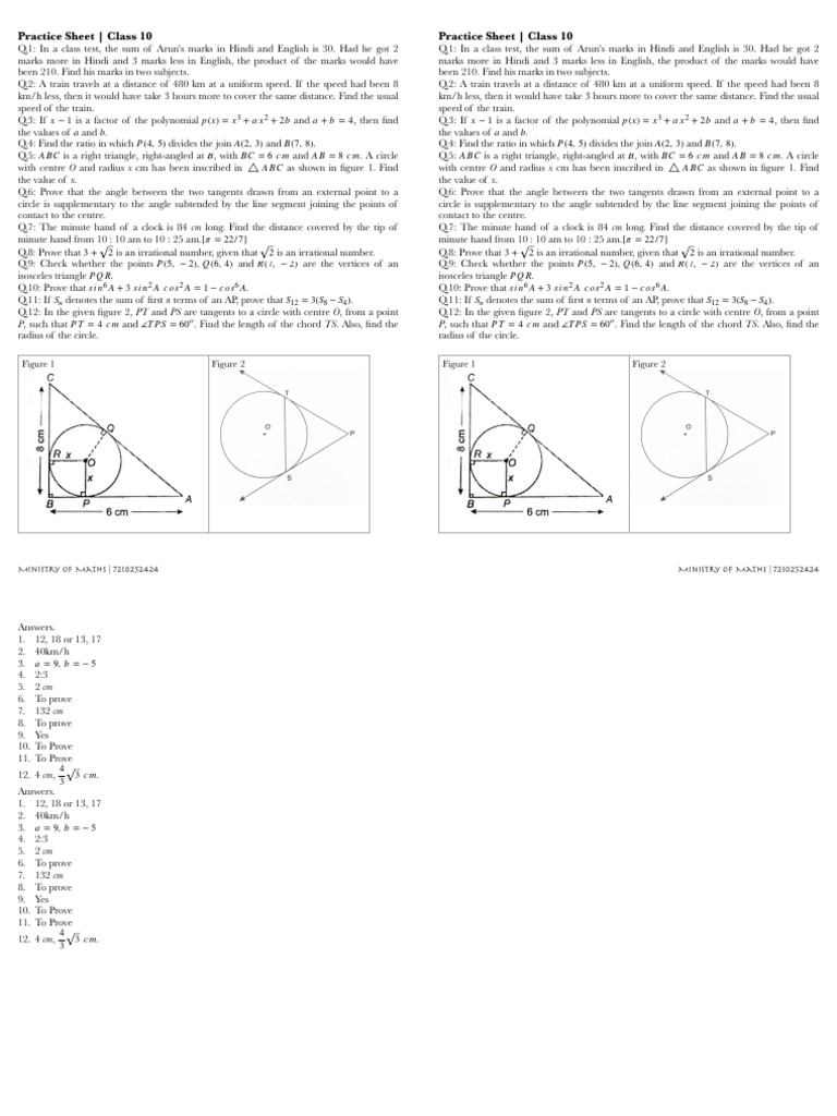 Class 10 Math Practice Problems | PDF | Circle | Triangle Geometry