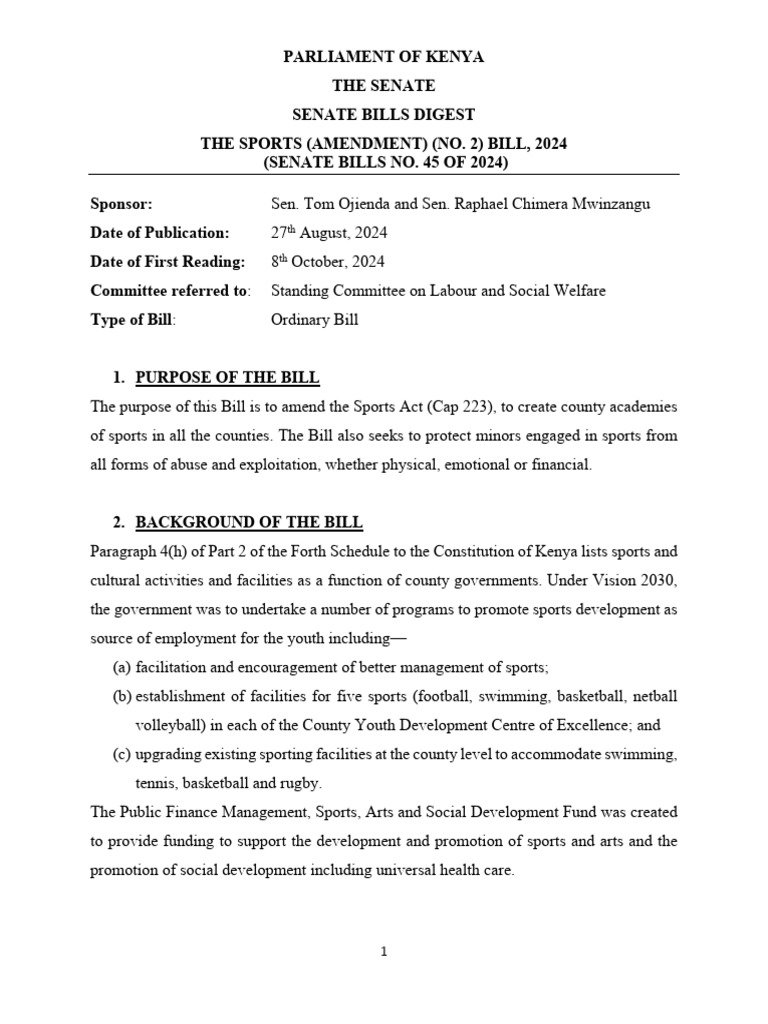 Bill Digest - Sports (Amendment) (No.2) Bill, 2024 | PDF | Bill (Law ...