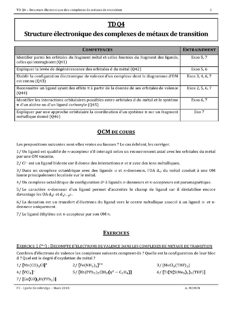 Structure Electronique Des Complexes de Metaux de Transition Exercices | PDF