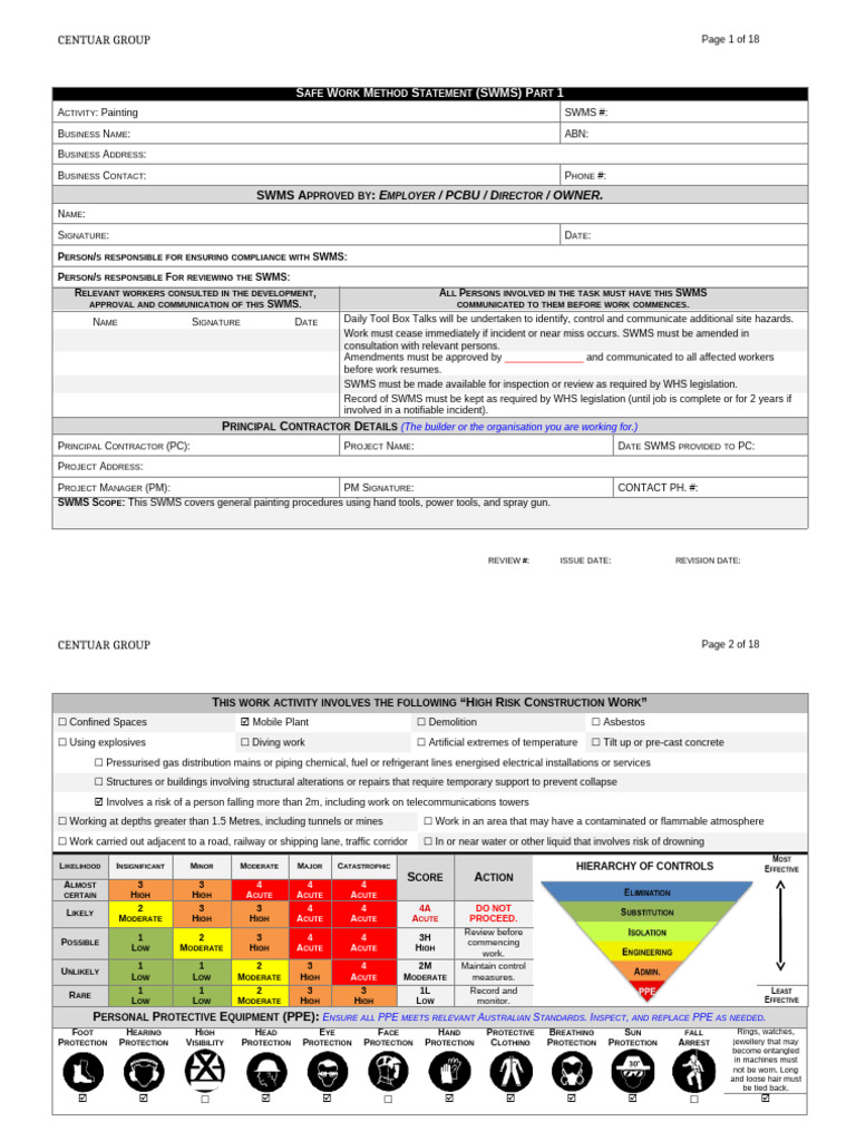 Painting General Safety SWMS | PDF | Personal Protective Equipment | Ladder