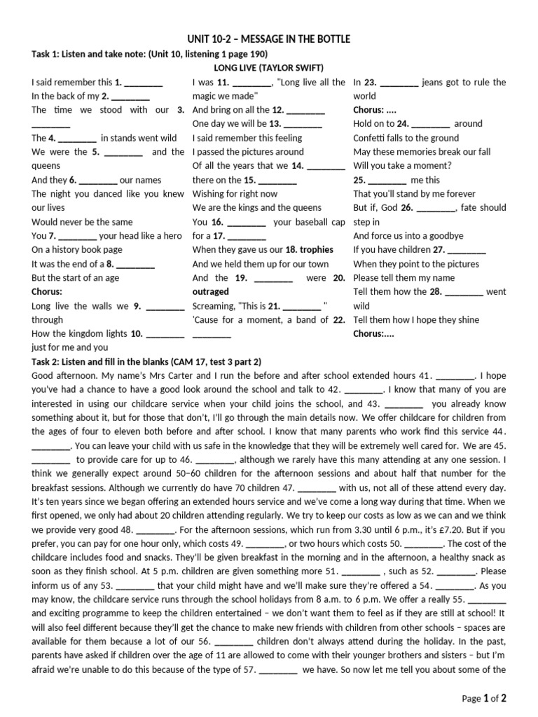 UNIT 10-2 - Handout - Finished | PDF | Child Care