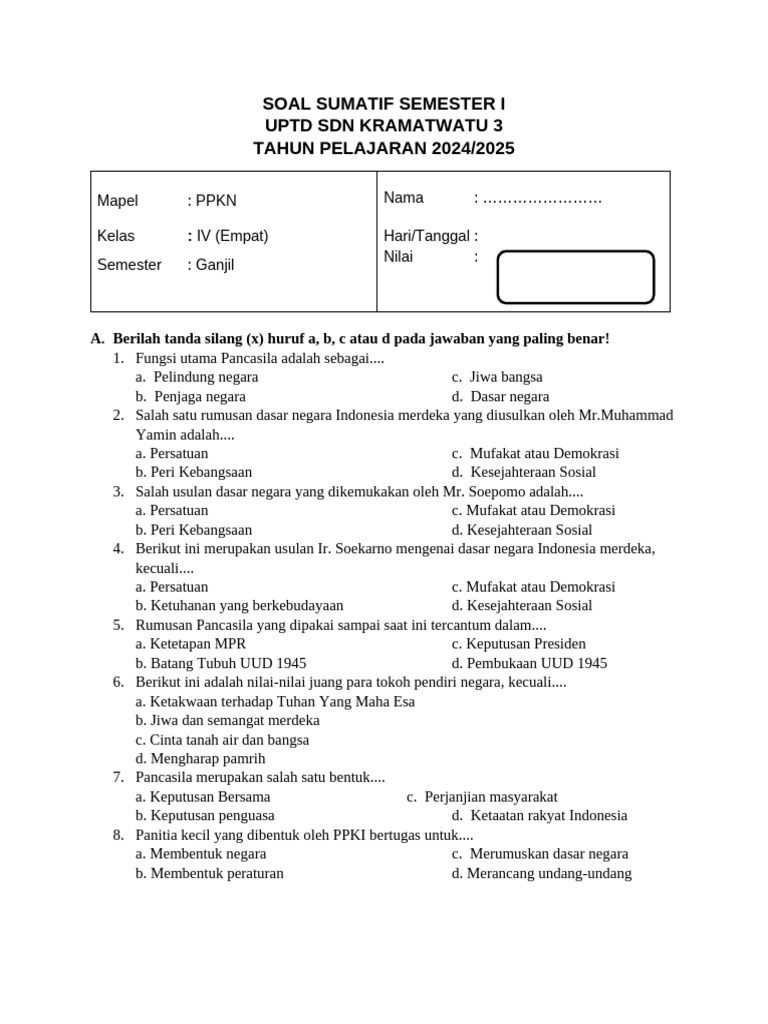 Soal STS 1 PPKN Kelas IV | PDF