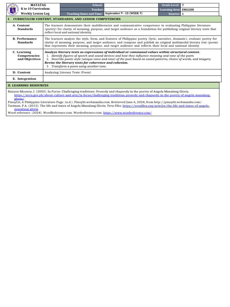 DLL Week 7 | PDF | Poetry | Rhyme