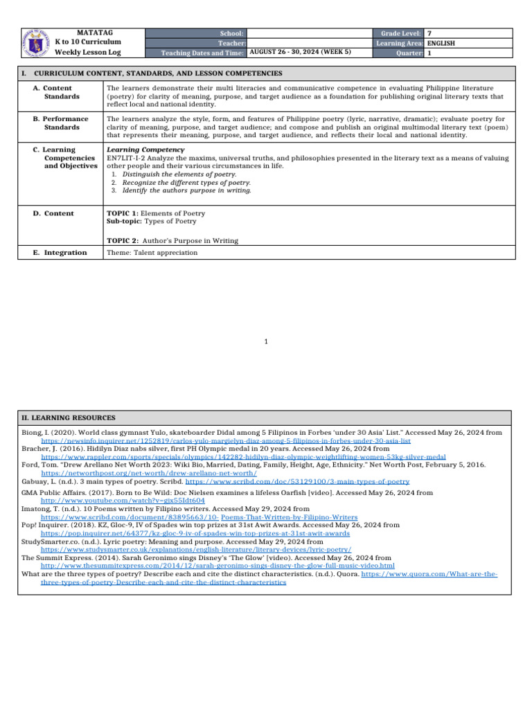 DLL Matatag - English 7 Q1 W5 | PDF | Poetry | Narration