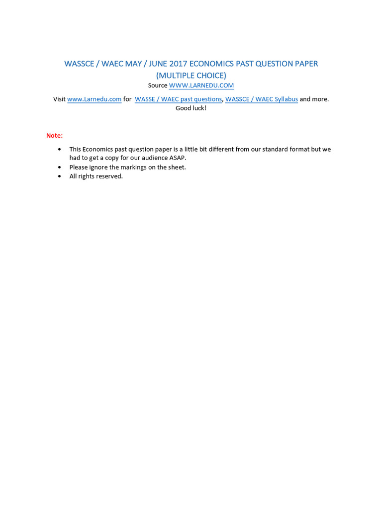 WASSCE WAEC May June 2017 Economics Multiple Choice Past Question Paper ...