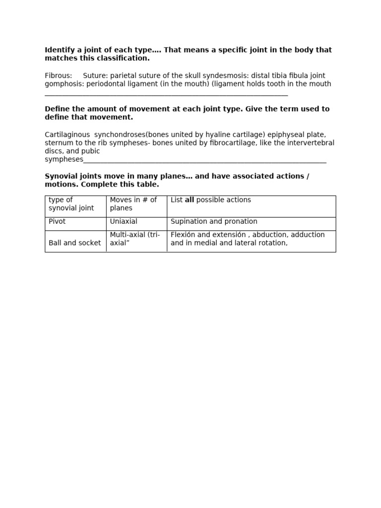 Joints Study Worksheet | PDF | Wellness