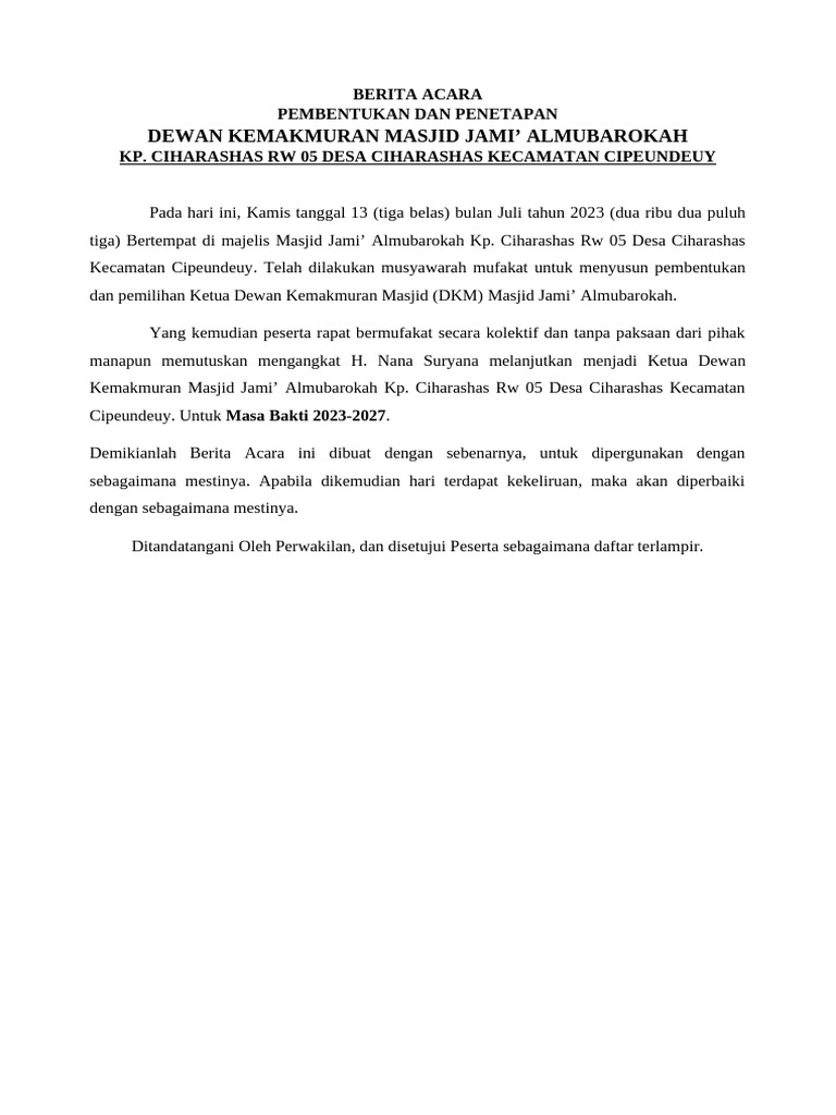 Berita Acara Kepengurusan DKM | PDF