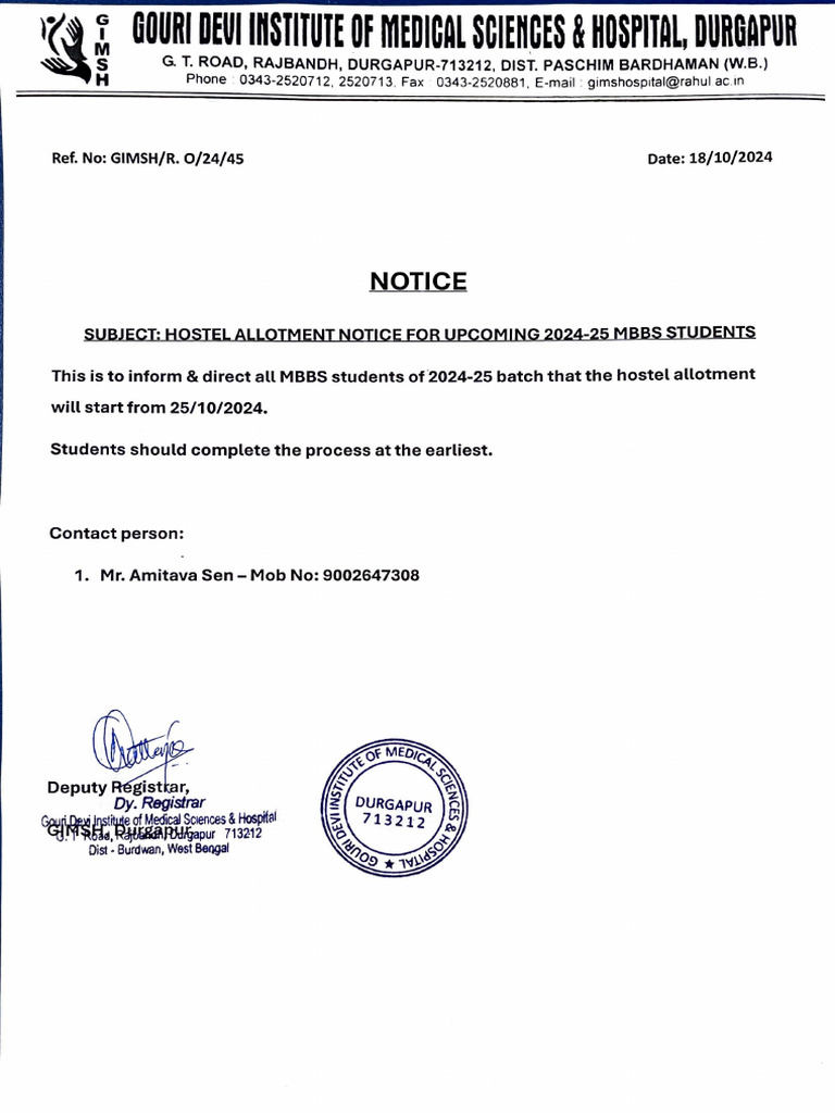 MBBS 2024 25 Batch Hostel Allotment Notice | PDF | Wellness ...