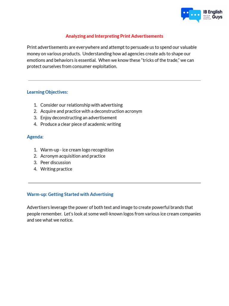 Analyzing and Interpreting Print Advertisements (IBEG) | PDF ...