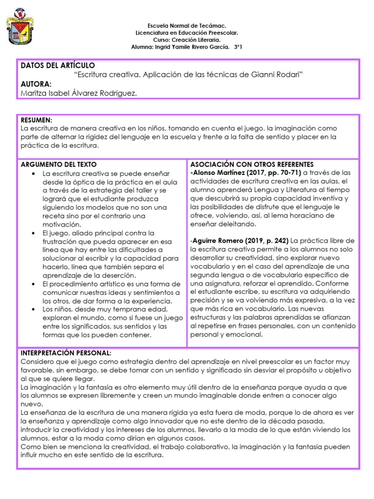 Esquema - Escritura Creativa. | PDF | Enseñando | Aprendizaje