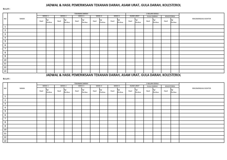 Form Jadwal Dan Hasil Pemeriksaan Tekanan Darah, Asam Urat, Gula Darah, Cholesterol Direksi | PDF