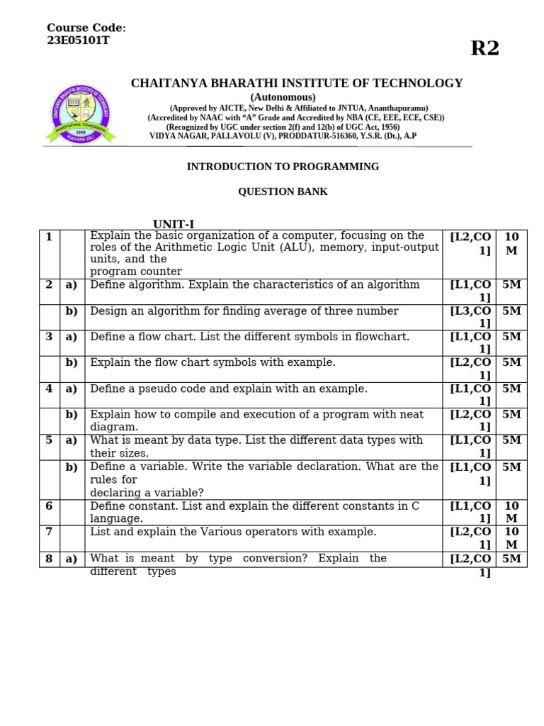 Introduction To Programming23e05101t Question Bank Pdf Pointer Computer Programming 