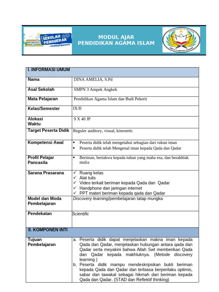 MODUL AJAR DINA 2 (Kelas 9 (Genap Beriman Kepada Qada Dan Qadar) | PDF