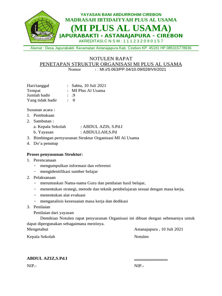 NOTULEN RAPAT MI Al Usama 2021 | PDF | Karier & Perkembangan | Pengembangan Diri