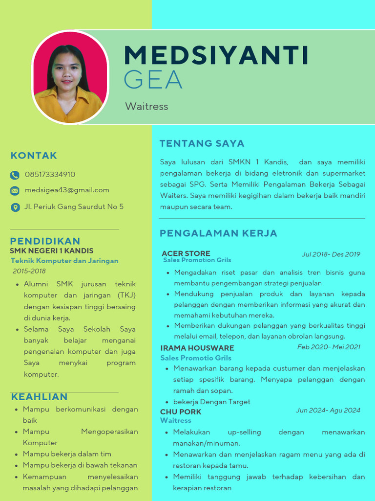 Profil Profesional: Alumni TKJ dengan Pengalaman SPG dan Waitress | PDF