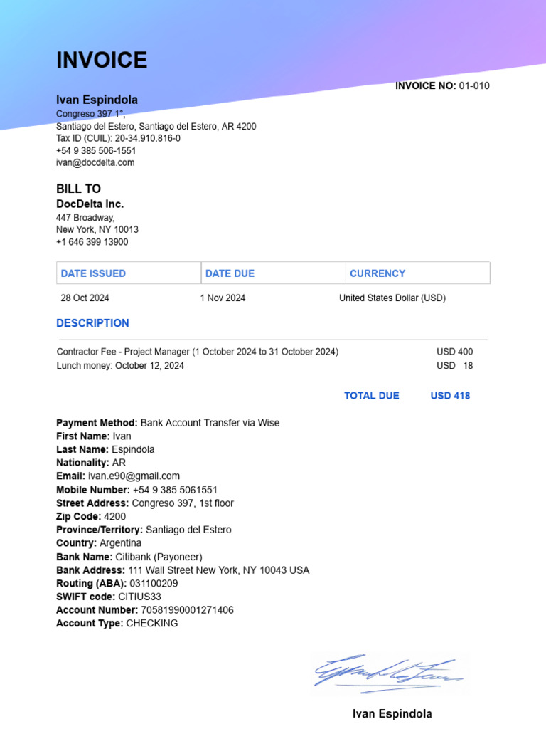 INVOICE October - DocDelta - Ivan Espindola | PDF | Social Science | Law