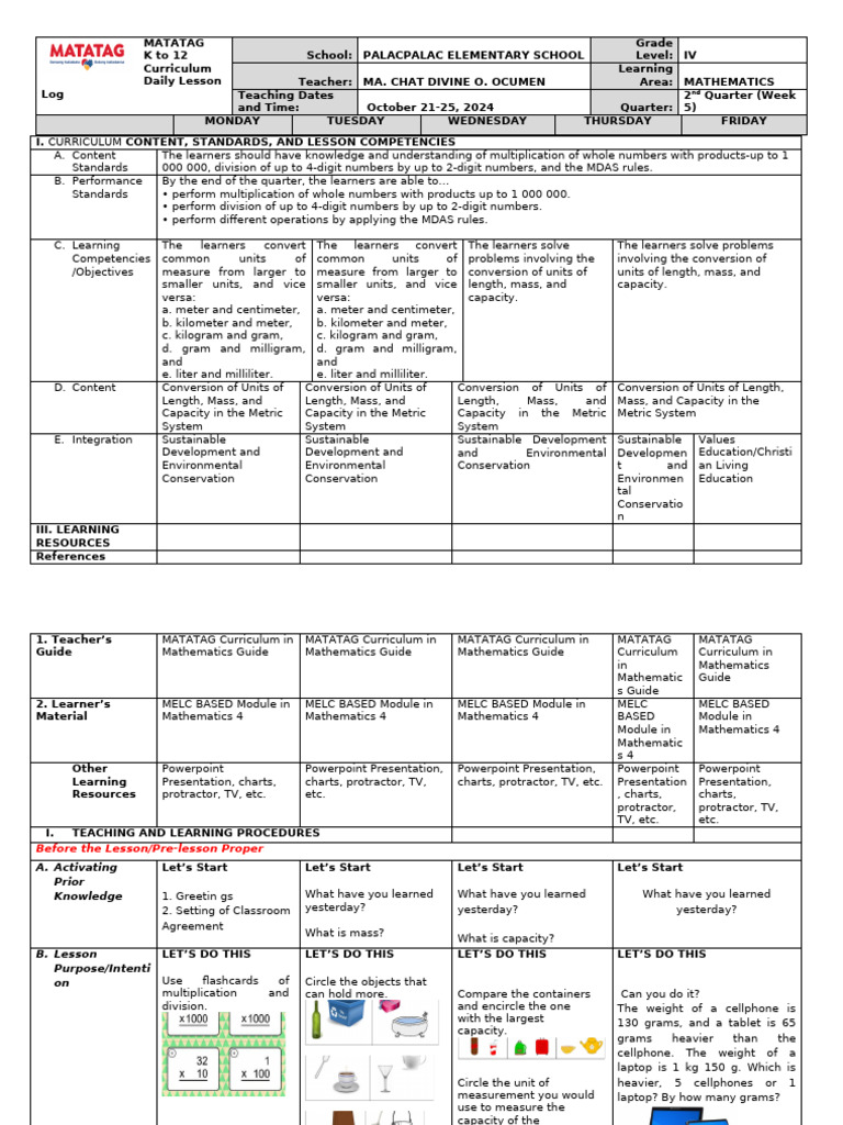 MATATAG DLL WEEK 5 MATH G4 q2 | PDF | Kilogram | Litre