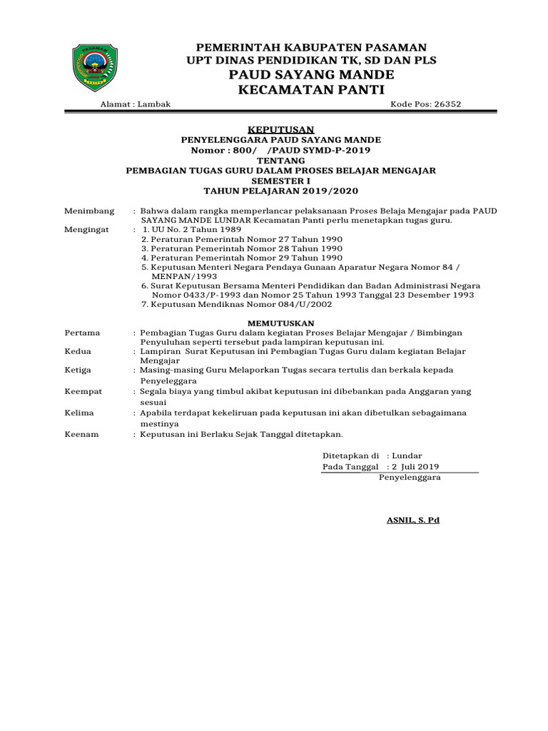 SK Pembagian Tugas Paud 2 | PDF