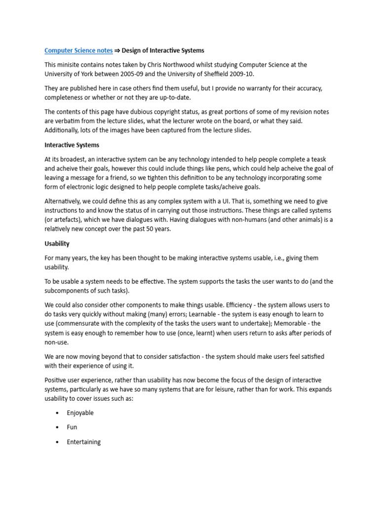 Computer Science Notes Design Of Interactive Systems Pdf Graphical User Interfaces Usability