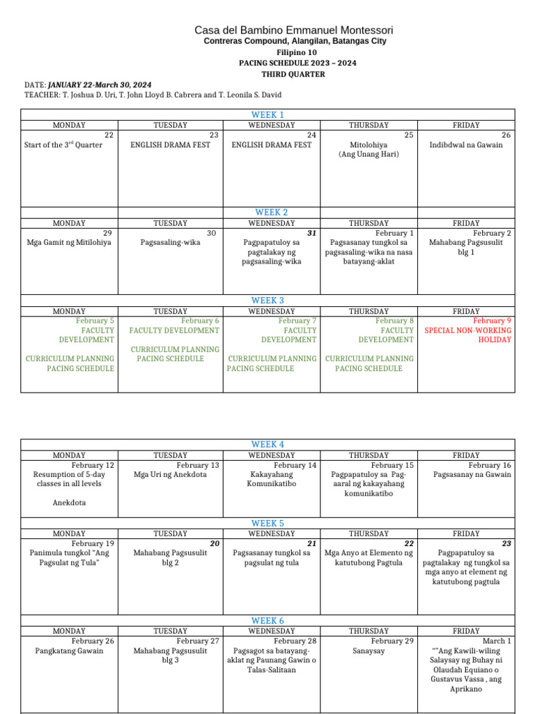 Filipino 10 Pacing Schedule 2023-2024 | PDF