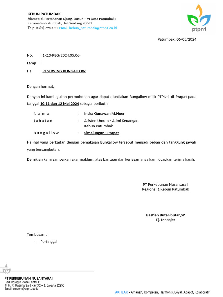 Surat Bungalow (Pak Indra Gunawan) PTPN 1 | PDF