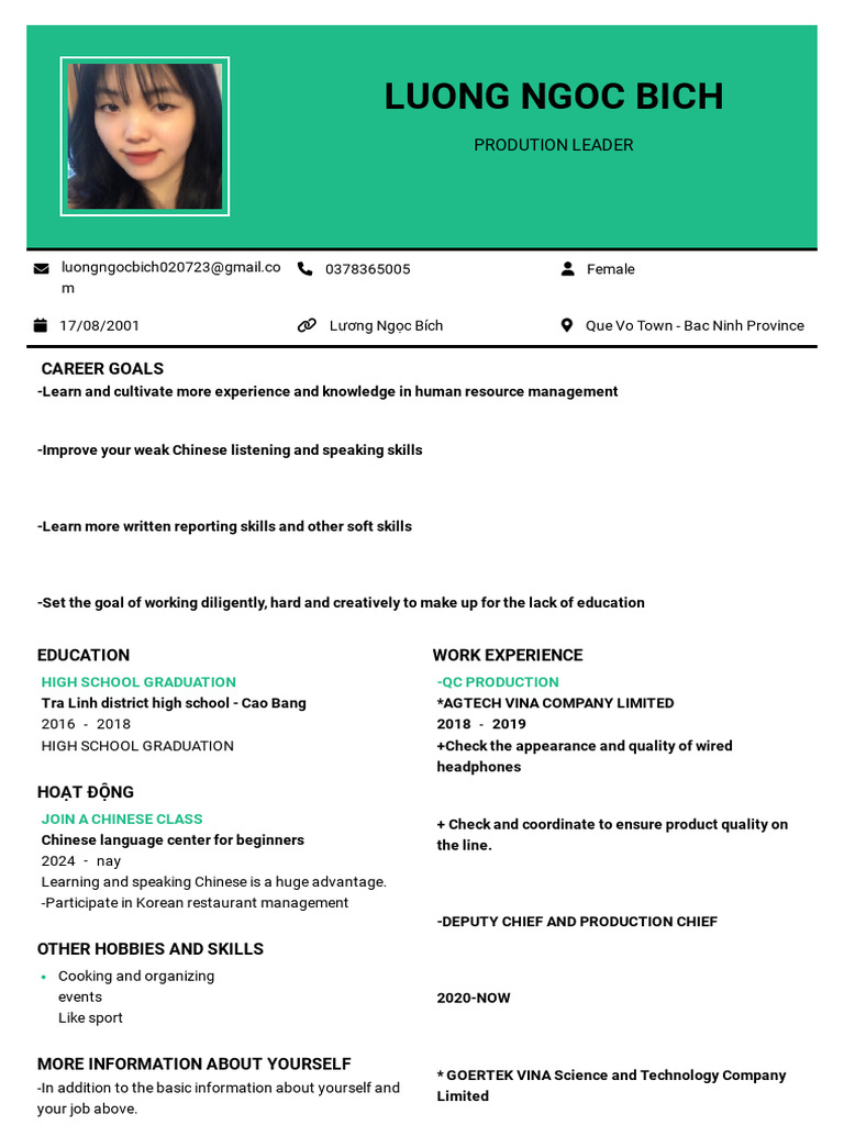 CV LUONG NGOC BICH - bich-TopCV.vn | PDF | Business