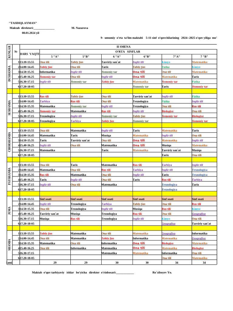 Dars Jadvali 2024-2025 Noyabrrrr 2-Chorak | PDF