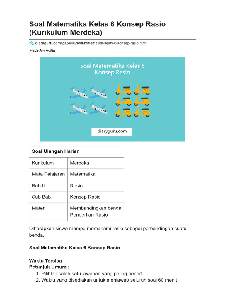 Soal Matematika Kelas 6 Konsep Rasio (Kurikulum Merdeka) | PDF | Seni & Disiplin Bahasa | Griya ...