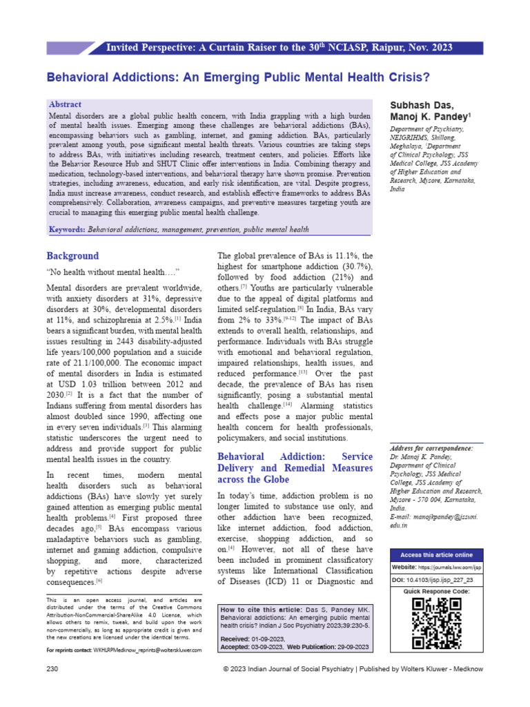 Addressing Behavioral Addictions in India | PDF | Mental Disorder ...