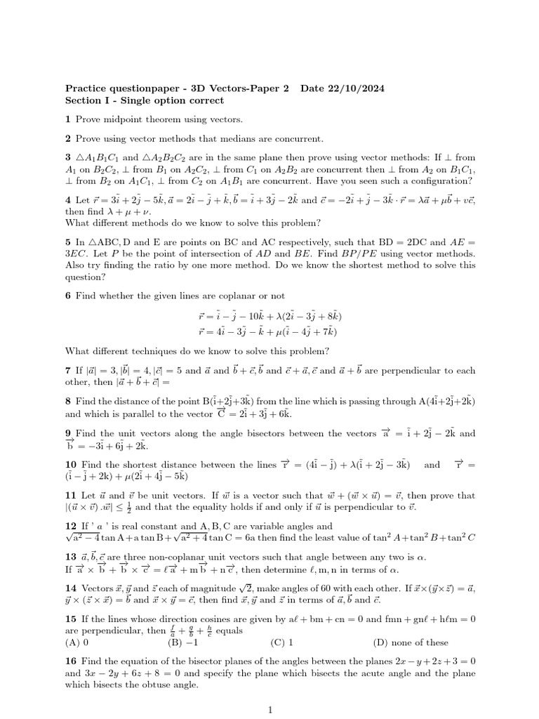 Practice-questionpaper 3DVectors Paper2 22Oct2024 | PDF | Geometry | Euclidean Geometry
