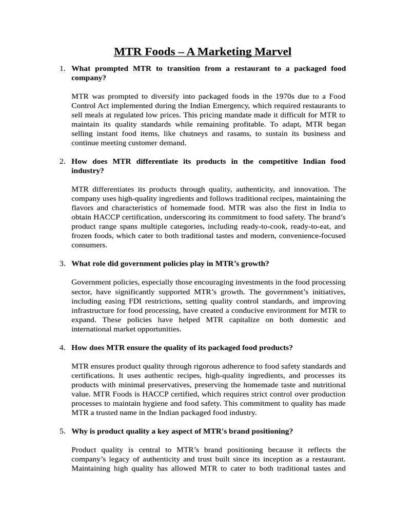 MTR Foods: Quality and Innovation in Packaging | PDF