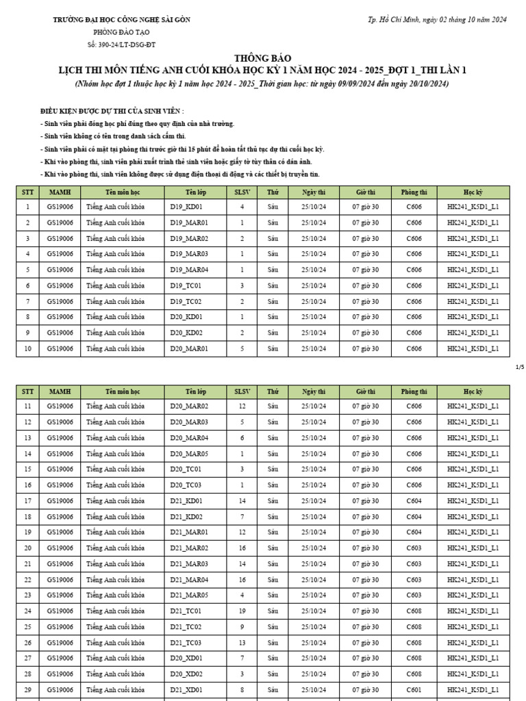 2024 - 10 - 03 - Lich Thi Tieng Anh Cuoi Khoa - HK1 (2024 - 2025) - Khoa 5 Dot 1 - Lan 1 | PDF