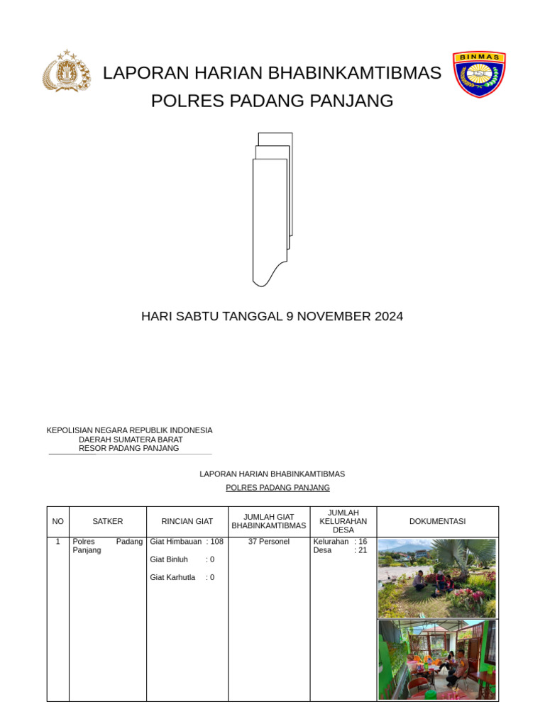Laporan Bhabinkamtibmas Sabtu Tgl 9 November 2024 Pdf