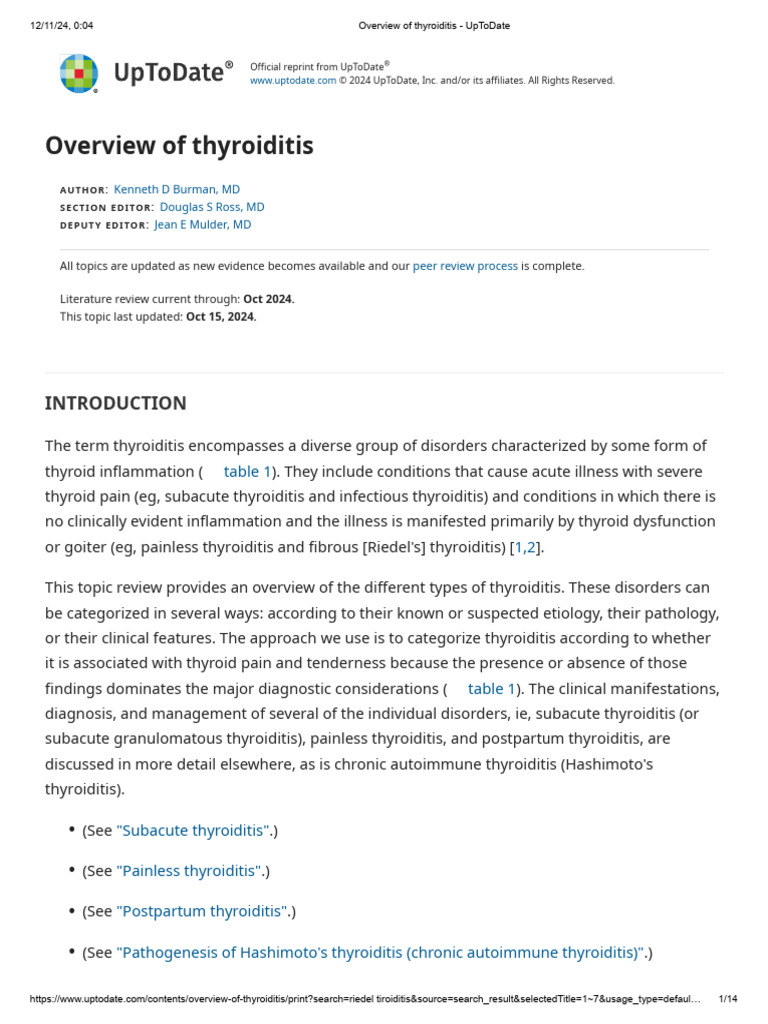 Overview of Thyroiditis - UpToDate | PDF | Thyroid | Hyperthyroidism
