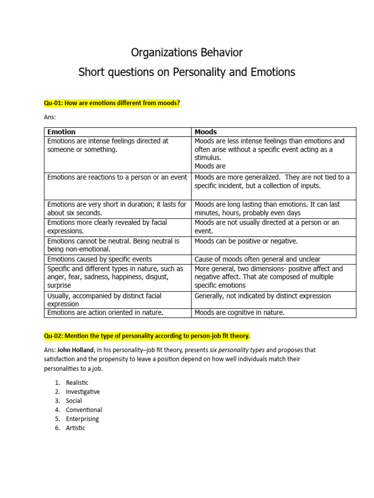 Short Questions On Personality and Emotions | PDF | Emotions | Mental ...