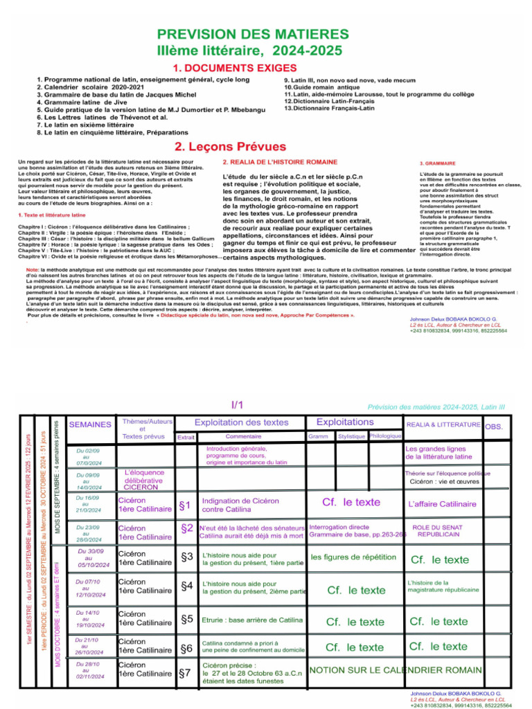 Prévision Des Matières 3ième 2024-2025 | PDF