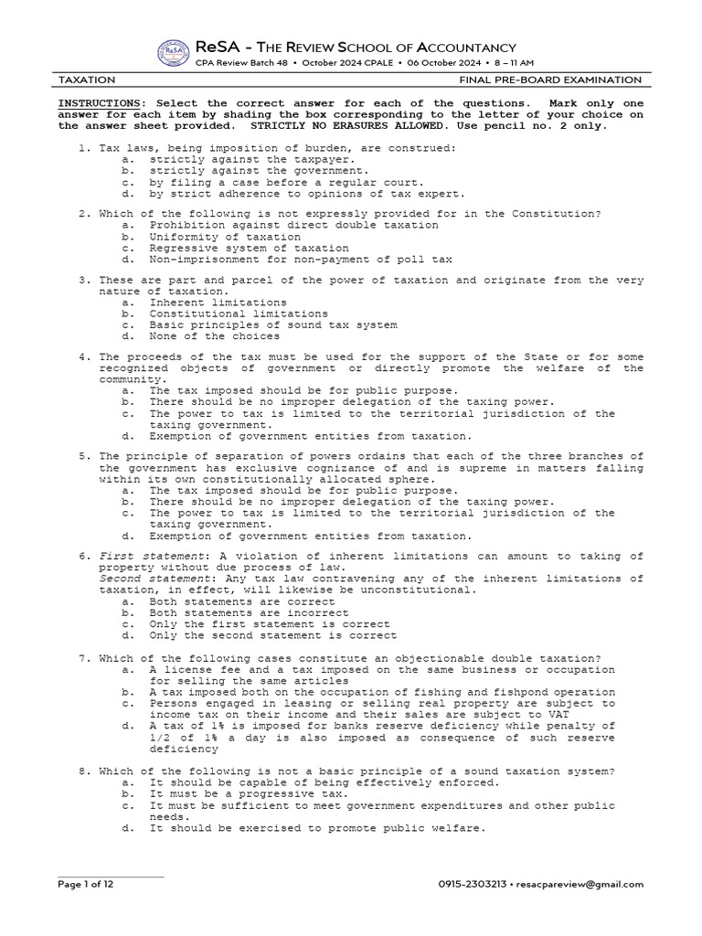 ReSA B48 TAX Final PB Exam Questions Answers and Solutions | PDF ...