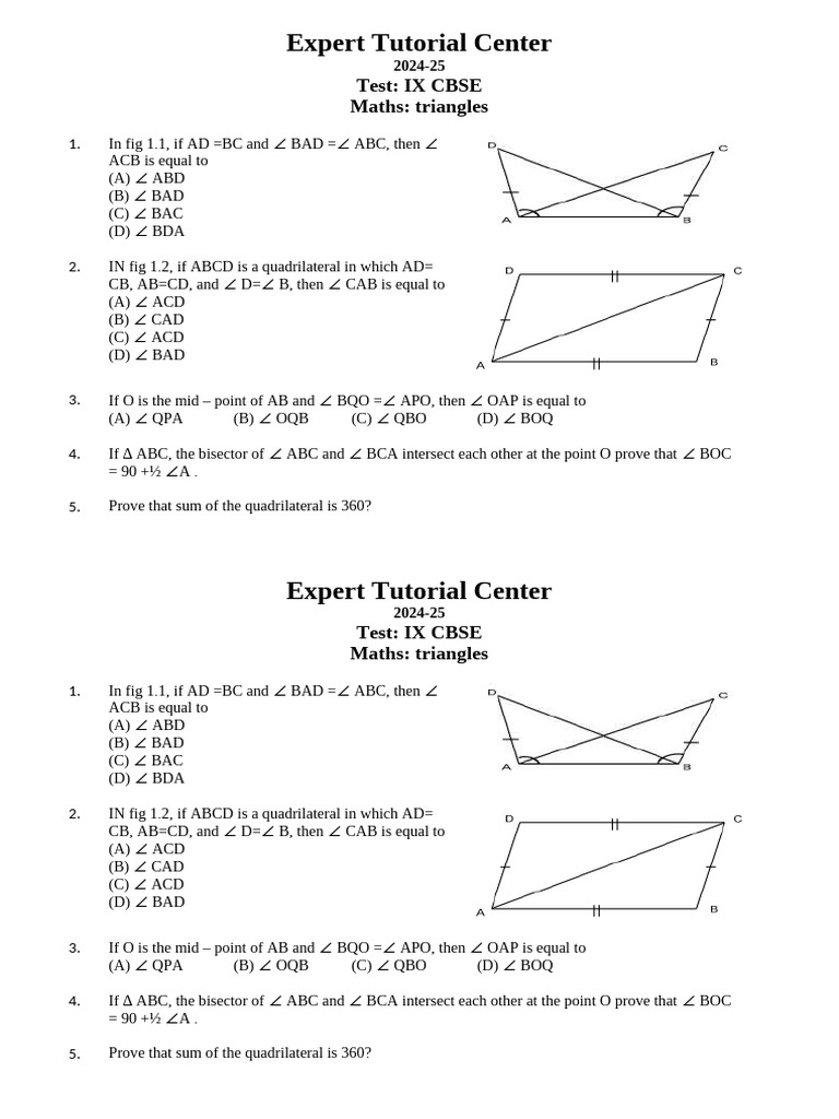 IX CBSE Maths Triangles | PDF