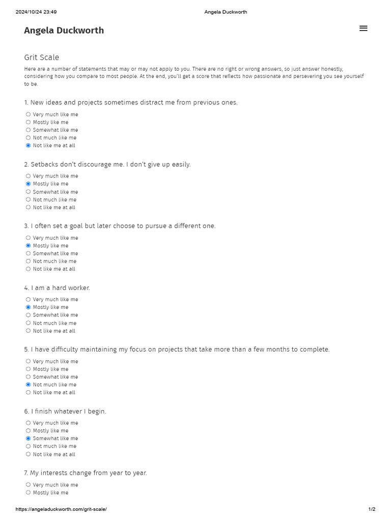 Angela Duckworth's Grit Scale Test | PDF | Grit (Personality Trait)