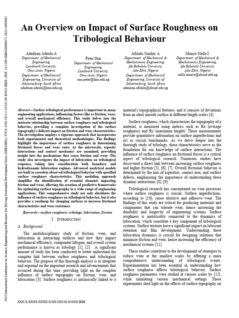 An Overview on Impact of Surface Roughness on Tribological Behaviour ... An Overview on Impact of Surface Roughness on Tribological Behaviour ...